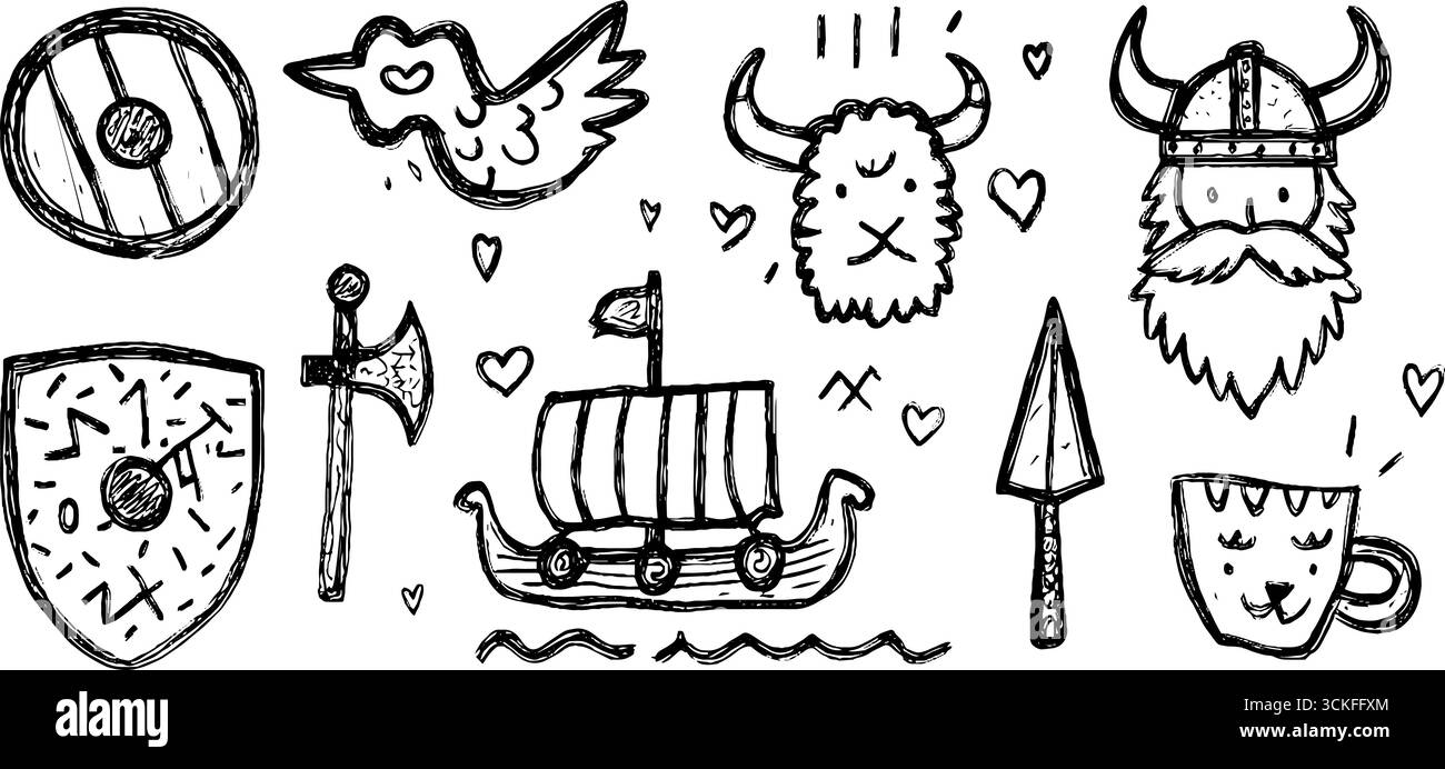 Hand-drawn doodle set of viking icons with shield, axe, and ship for ...