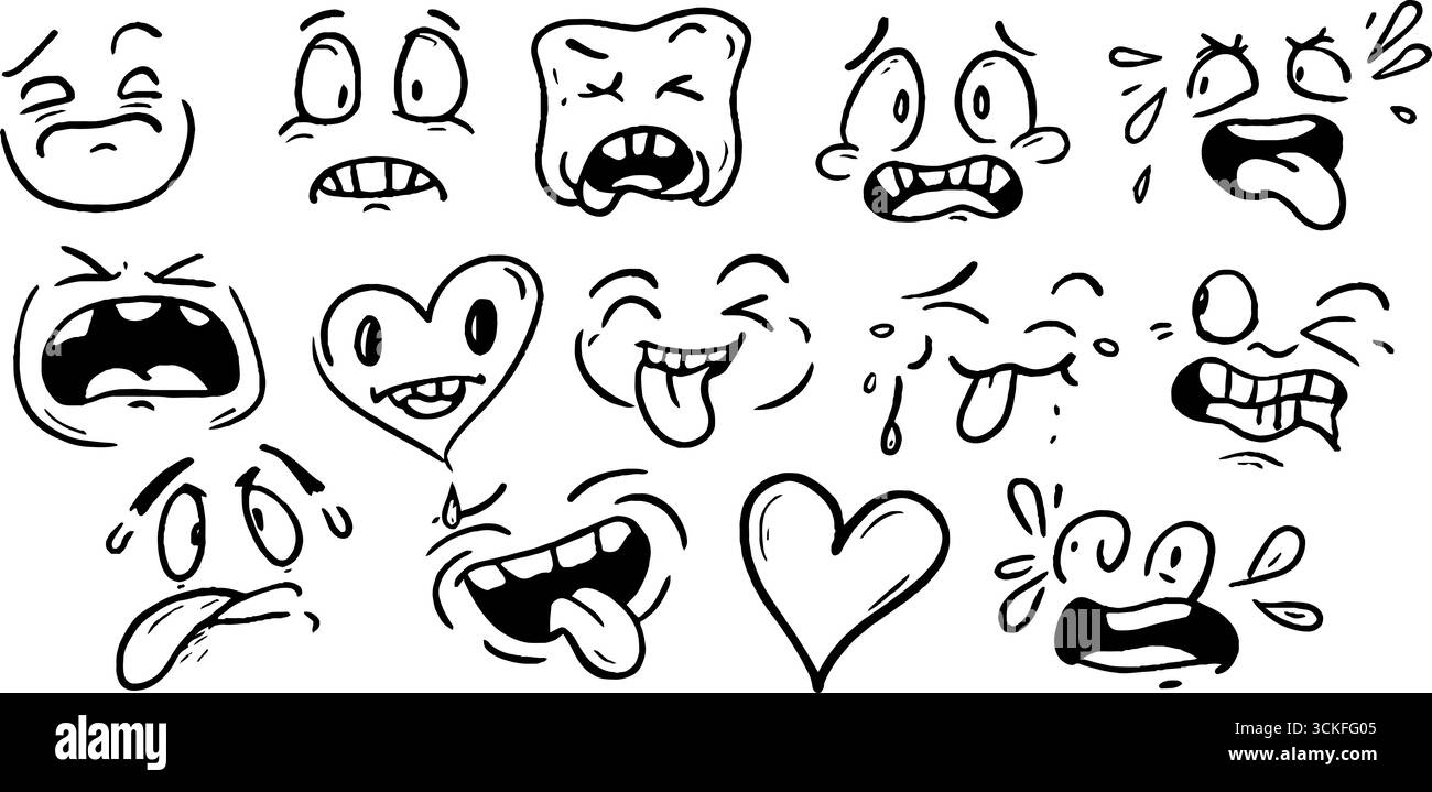 Playful doodle set of emotional faces - happy and sad expressions for ...