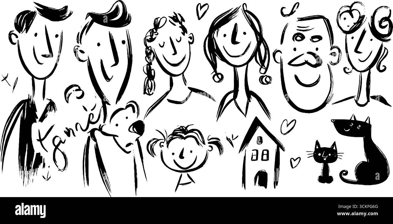 Whimsical family doodle set with parents, children, and pets for ...