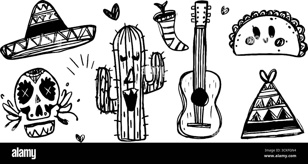 Mexican doodle set with sombrero, chili pepper, and guitar for festive ...
