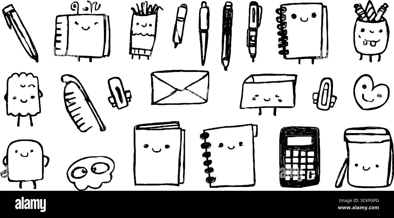 Cute doodle set of office supplies with pen, pencil, and notepad ...