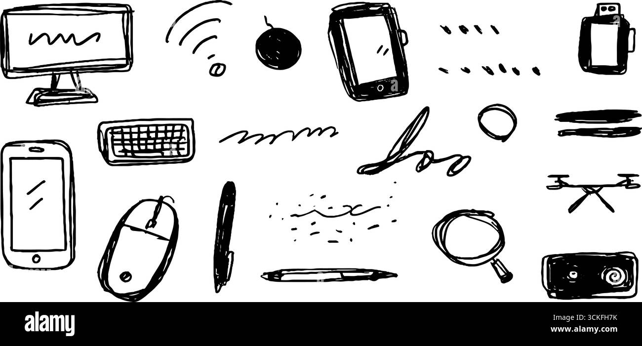 Hand drawn doodle set of technology icons featuring computer ...