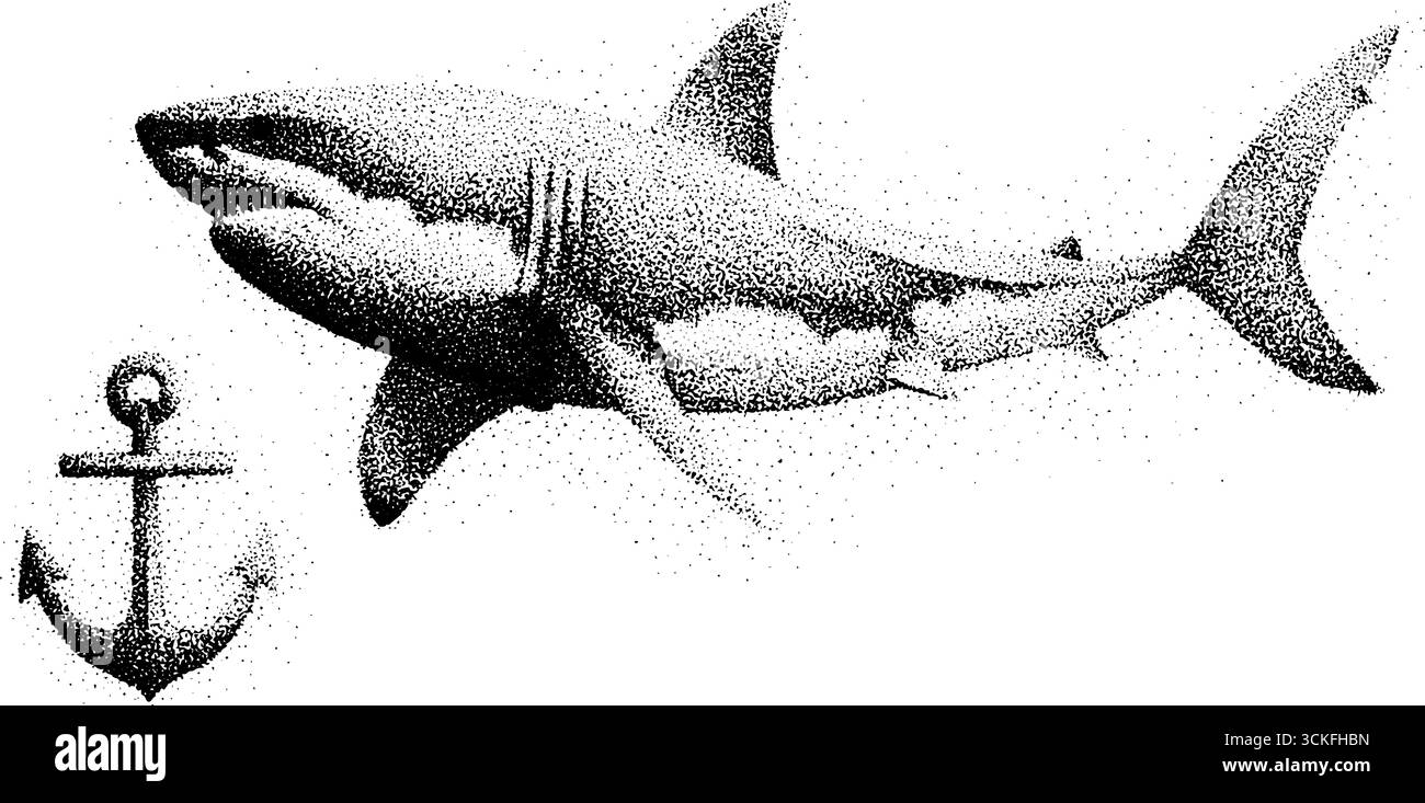 Stipple dotwork illustration of a shark and anchor design for tattoo ...