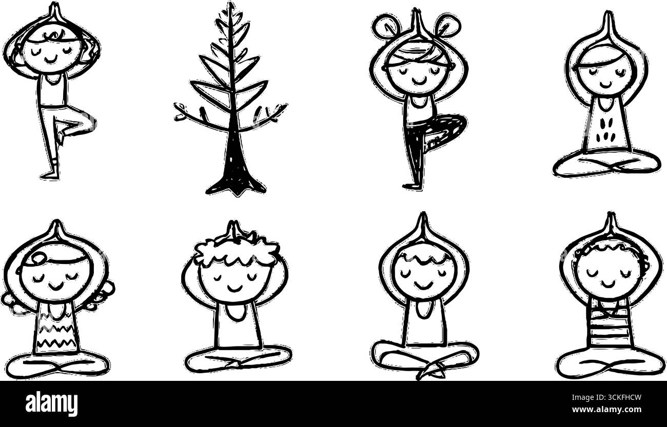 Hand-drawn doodle set of yoga poses featuring tree and lotus pose ...