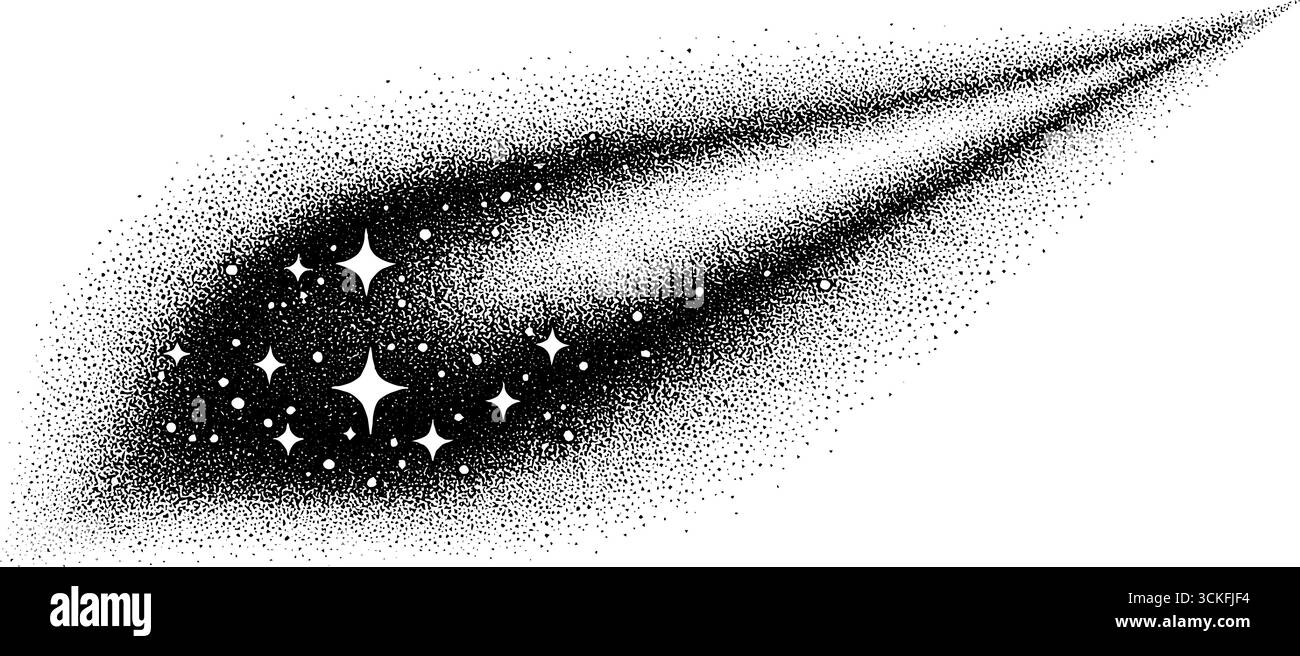 Stippled dotwork comet illustration with halftone gradient for cosmic ...
