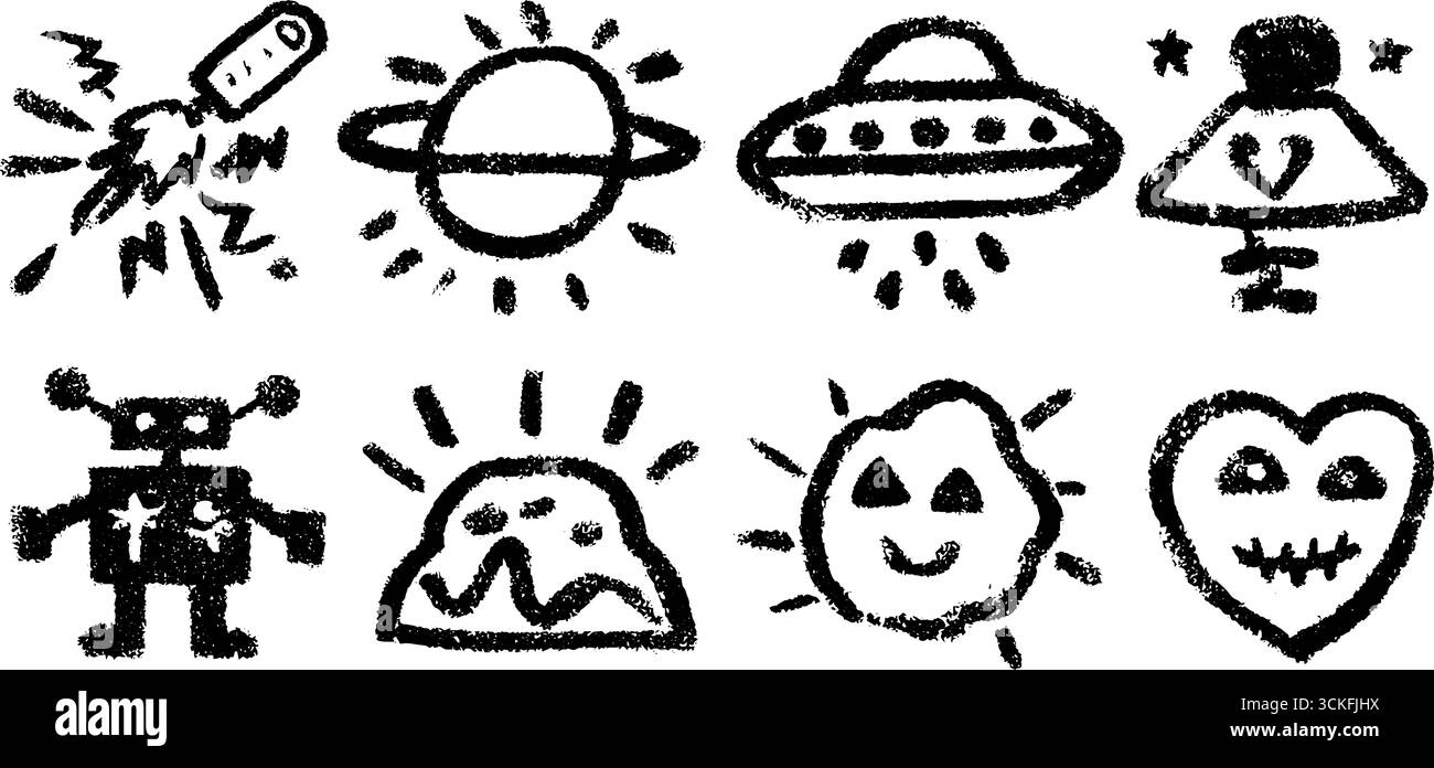 Playful doodle set of space war elements with spaceships and laser guns ...