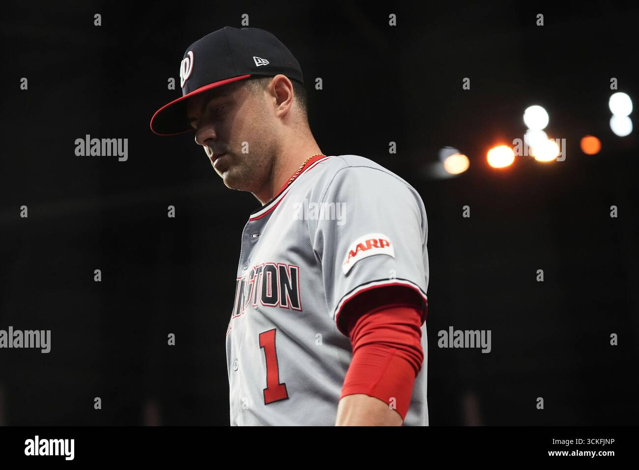Washington Nationals starting pitcher MacKenzie Gore (1) walks to the ...