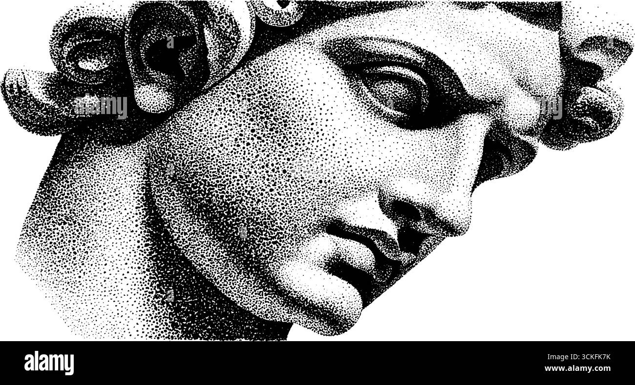 Stippling dotwork illustration of apollo bust in vintage halftone style ...