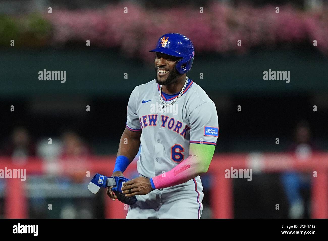 New York Mets' Starling Marte smiles after hitting an RBI double off ...
