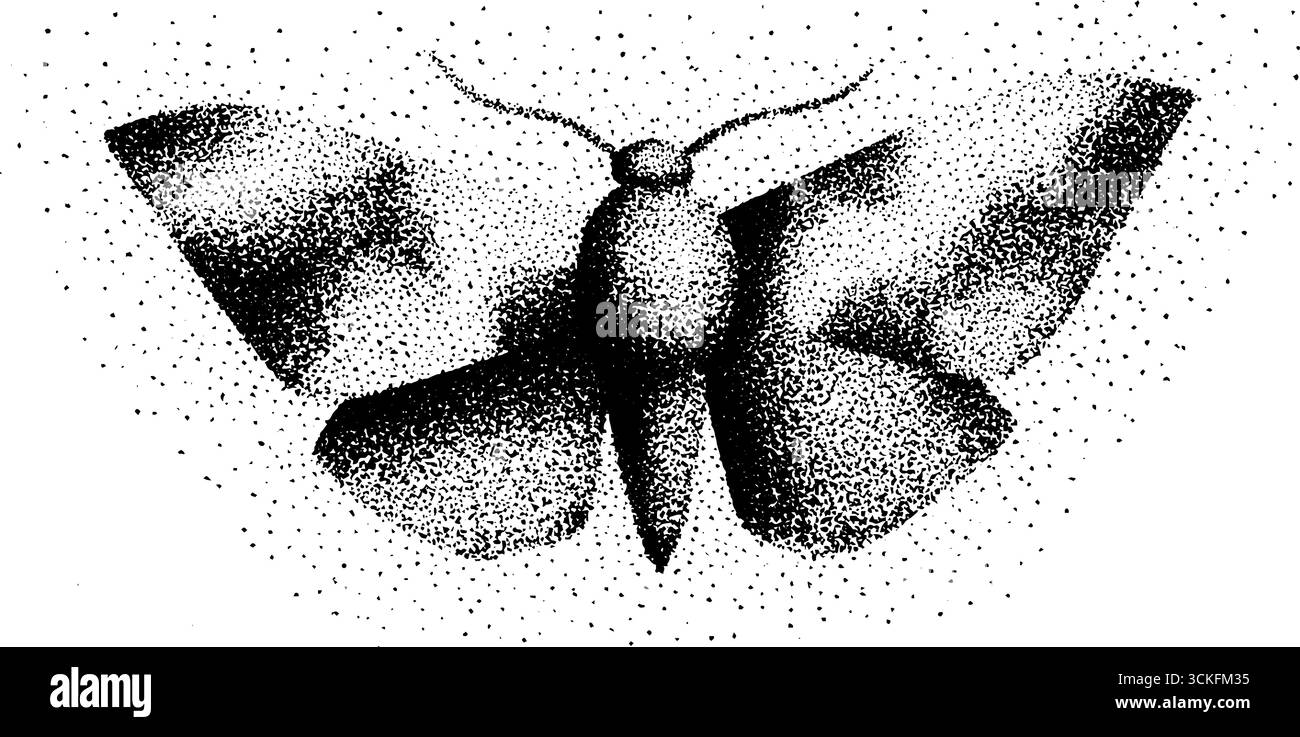 Intricate stippling dotwork illustration of a moth in vintage style ...