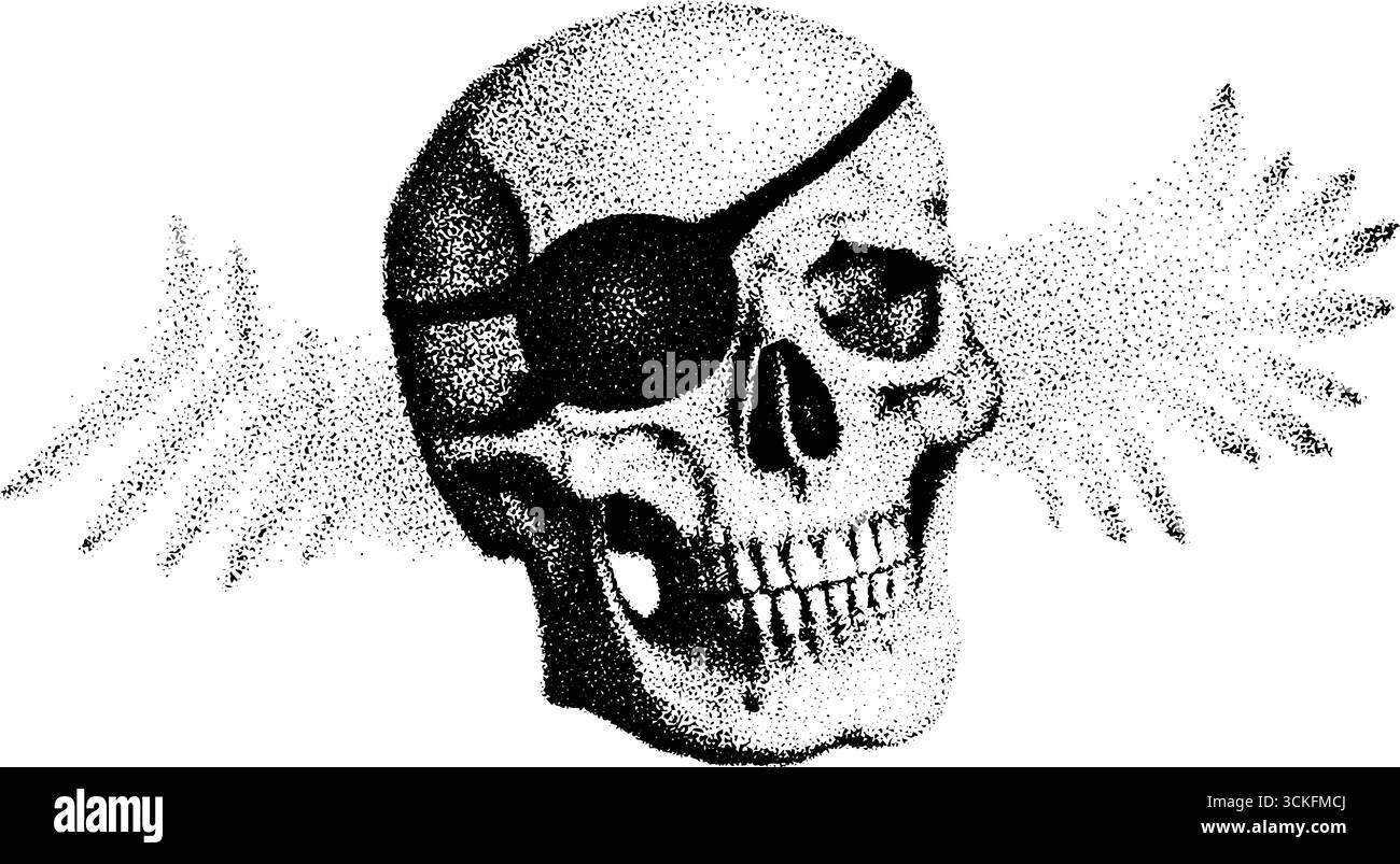 Pirate skull stippling art with eye patch and wings for tattoo design ...