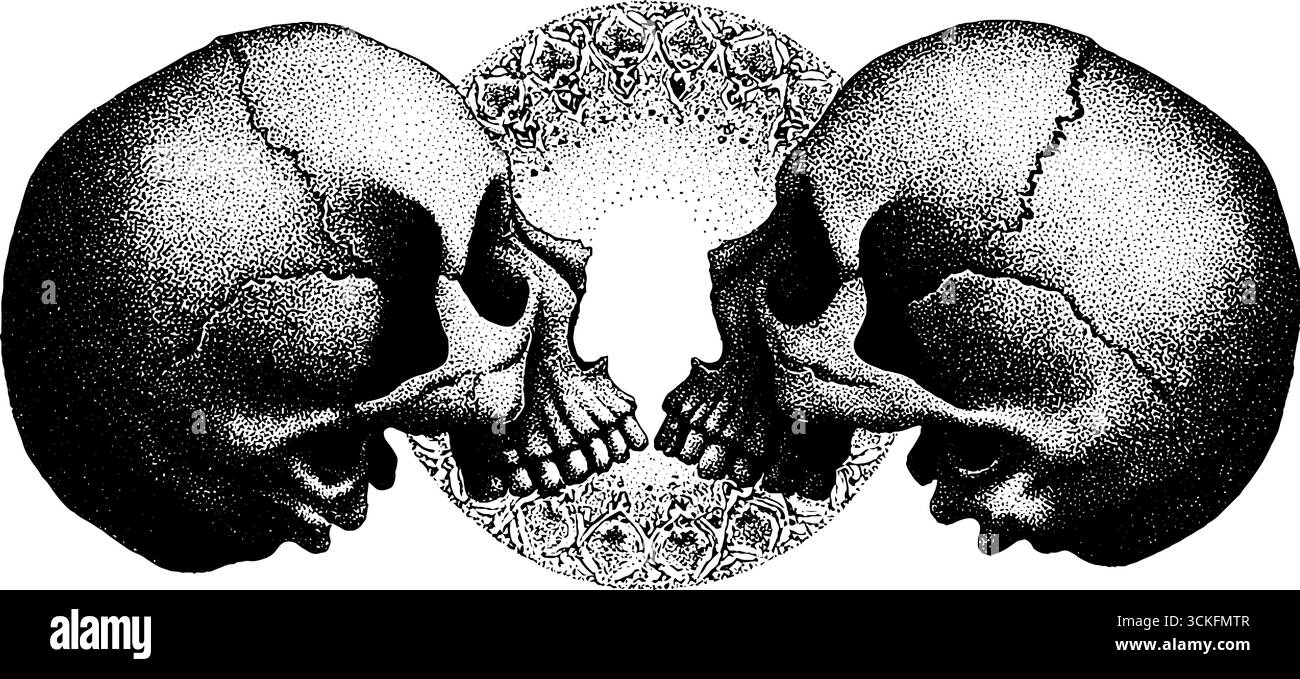 Stippling dotwork skull art with symmetrical design and textured ...
