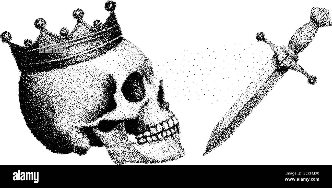 Stippling illustration of a skull with crown and dagger in halftone ...