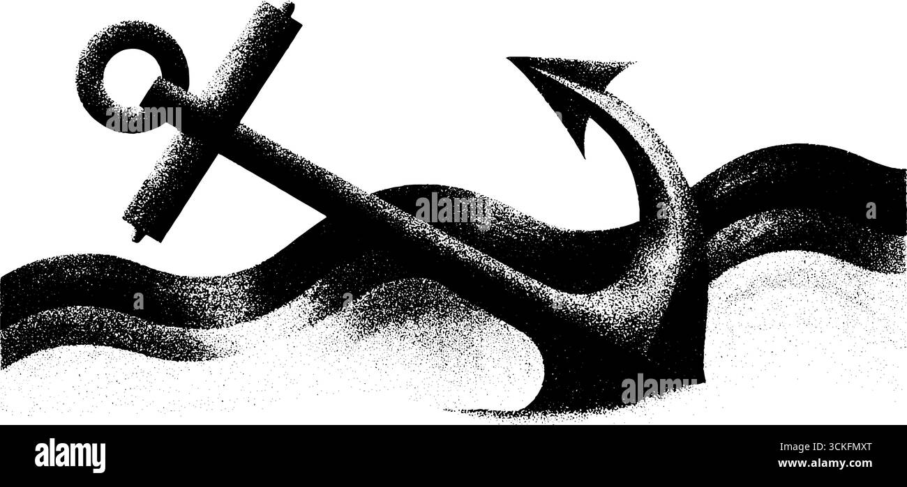Nautical anchor in black and white stipple art with waves for vintage ...