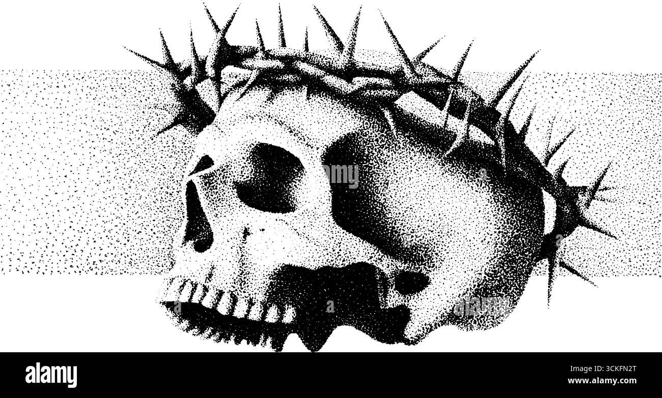 Stippling illustration of a skull with crown of thorns for tattoo ...