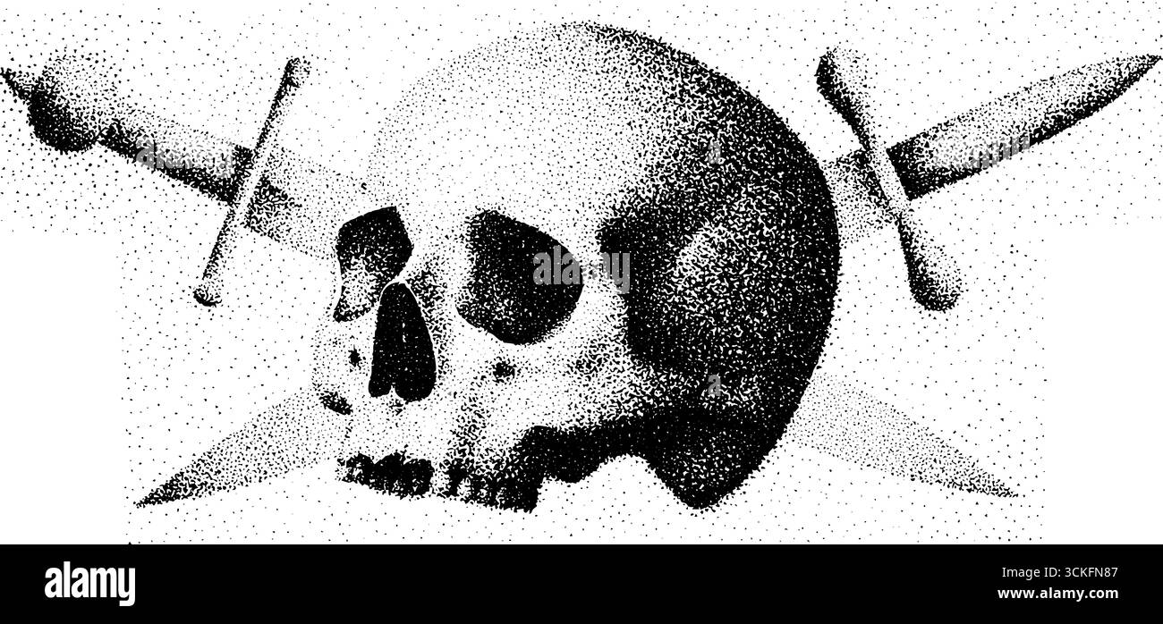 Intricate skull with crossed daggers in stipple dotwork art for tattoo ...