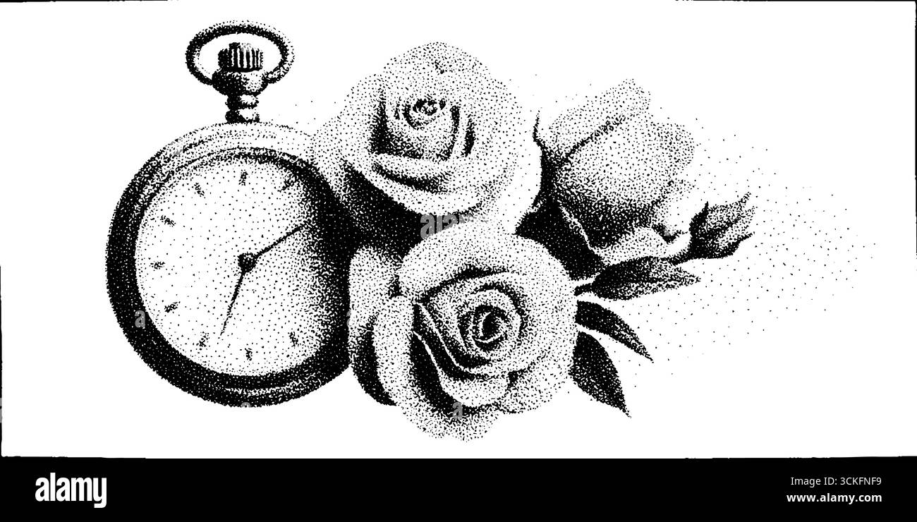 Vintage pocket watch with roses in stipple dotwork design for tattoo ...