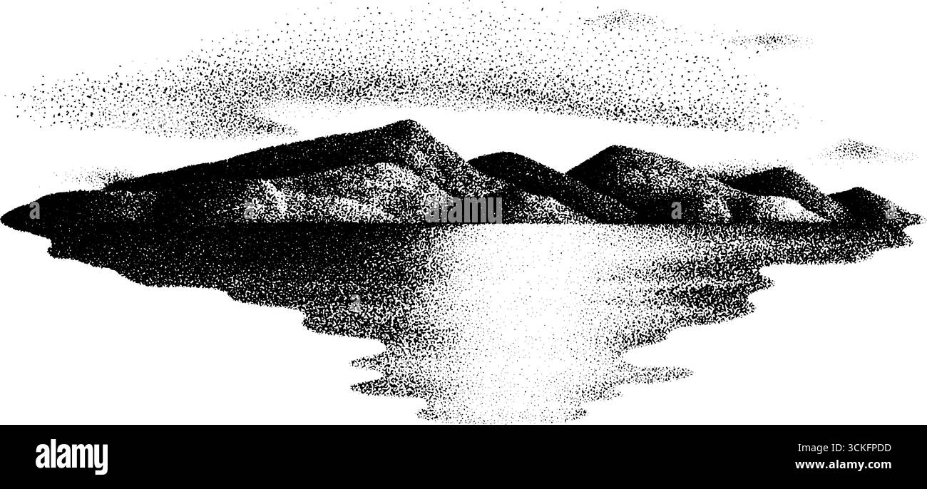 Surreal stippling dotwork illustration of floating mountains reflecting ...
