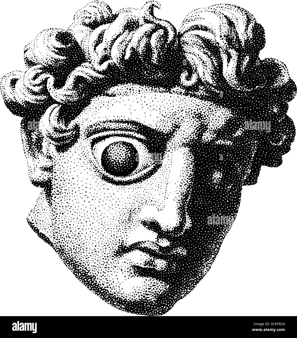 Surreal stippling dotwork portrait of a statue with vintage halftone ...