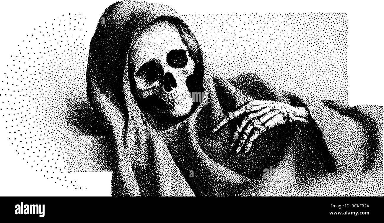 Stippling dotwork illustration of a grim reaper tarot card featuring ...