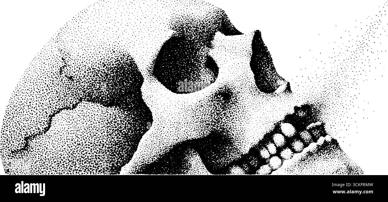 Surreal stipple and dotwork skull illustration distortion effect Stock ...