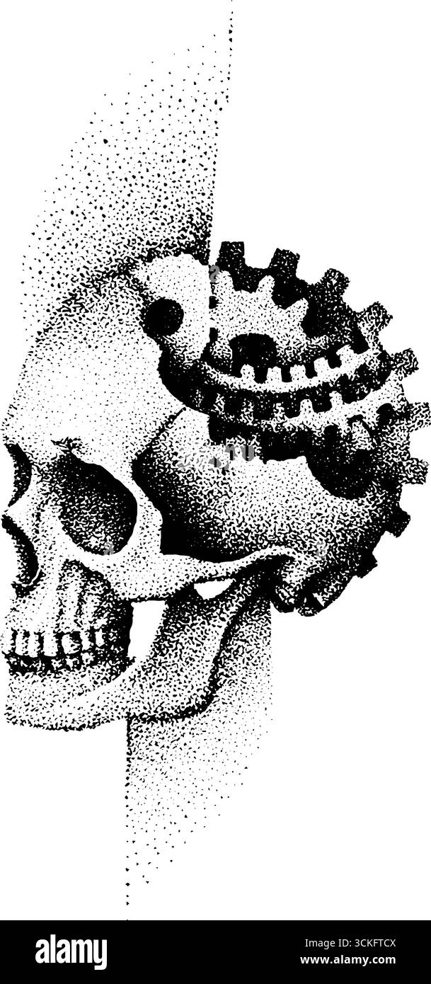 Intricate stippling dotwork portrait of human skull with mechanical ...