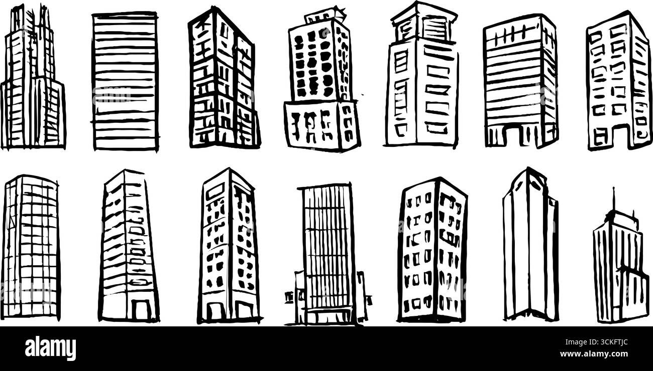 Set of hand drawn decorative blocky concrete buildings for ...