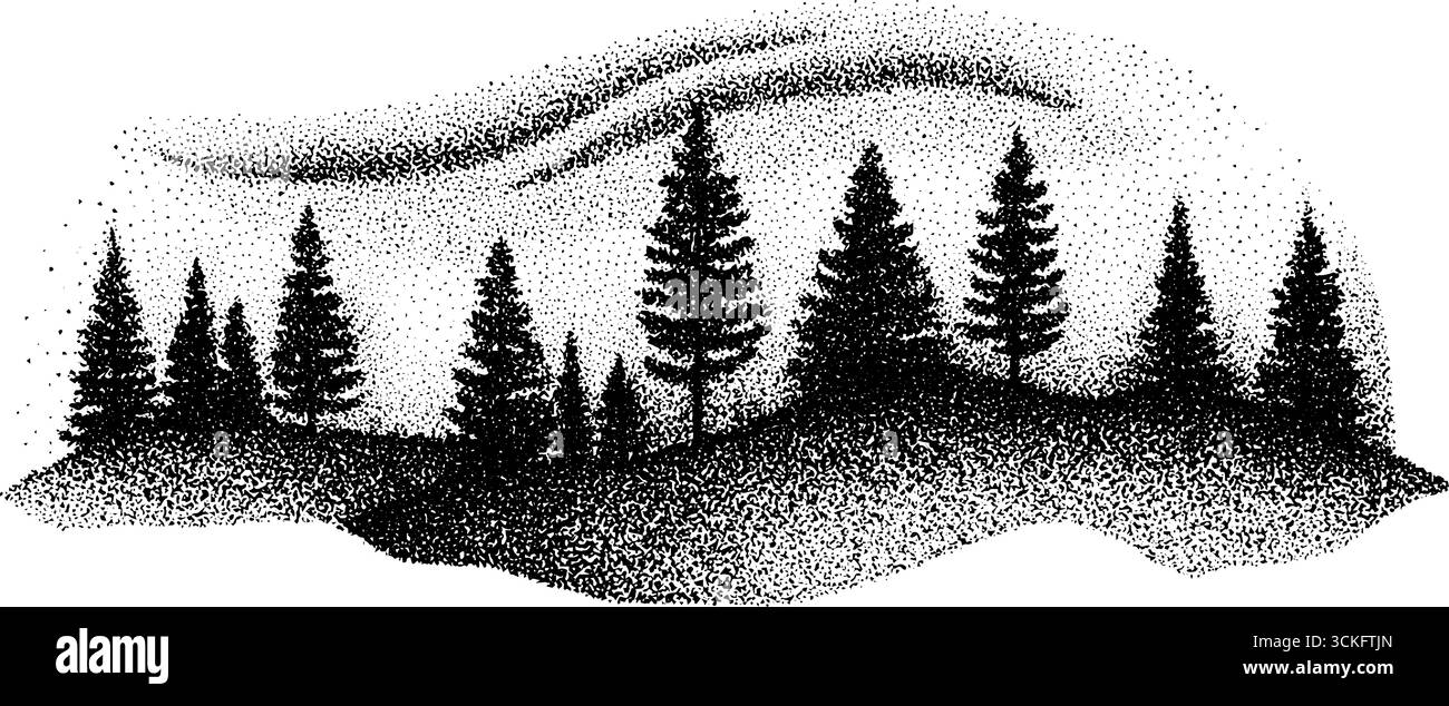 Northern lights stipple artwork featuring forest silhouette for print ...