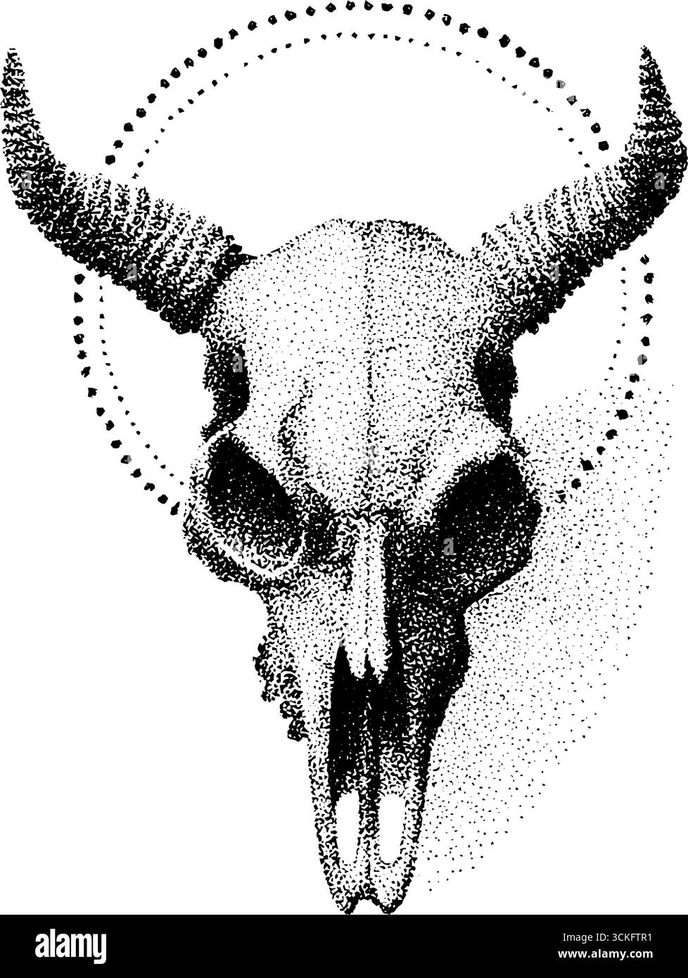 Monochrome stippling art of demonic skull with horns for tattoo design ...