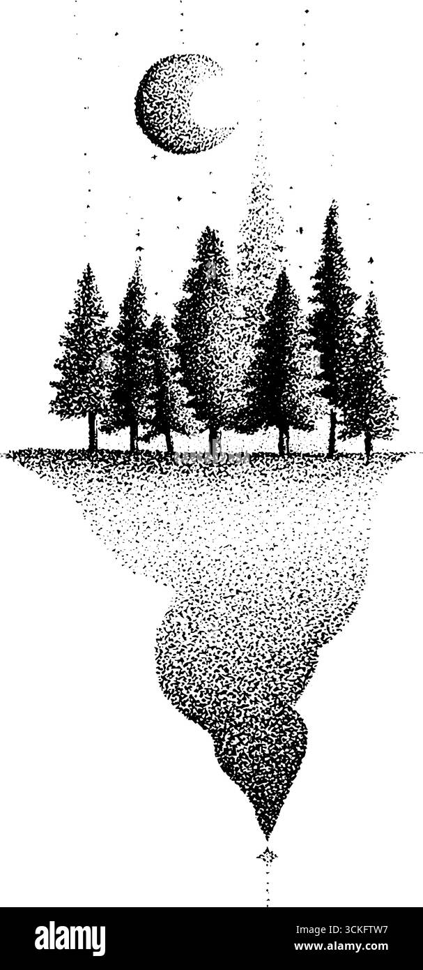 Vertical forest scene with floating island in stipple and dotwork art ...