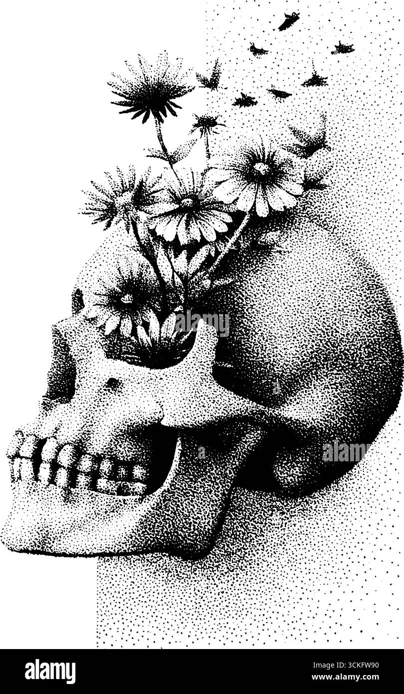Stipple skull illustration with flowers and birds in dotwork style for ...