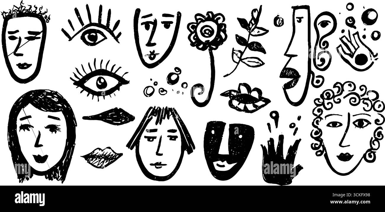 Collection of hand drawn decorative faces and surreal elements in ...