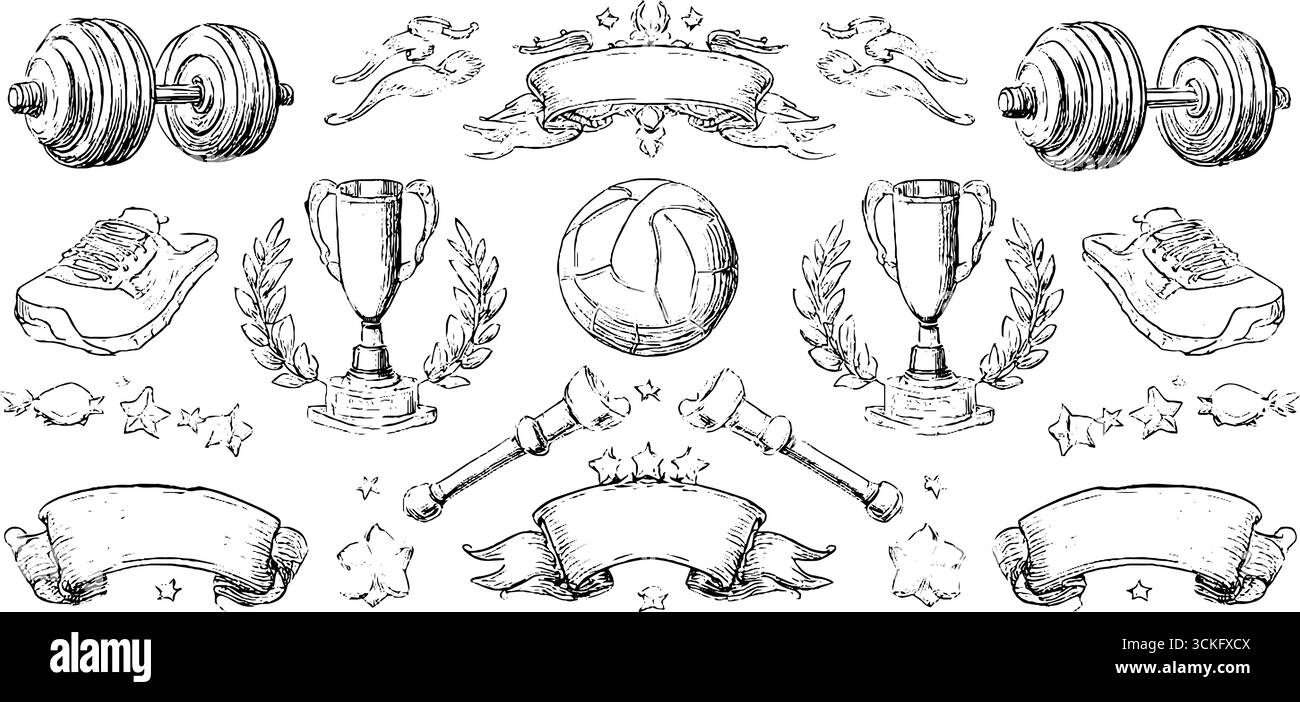 Hand drawn dumbbell and trophy borders with sport elements for ...