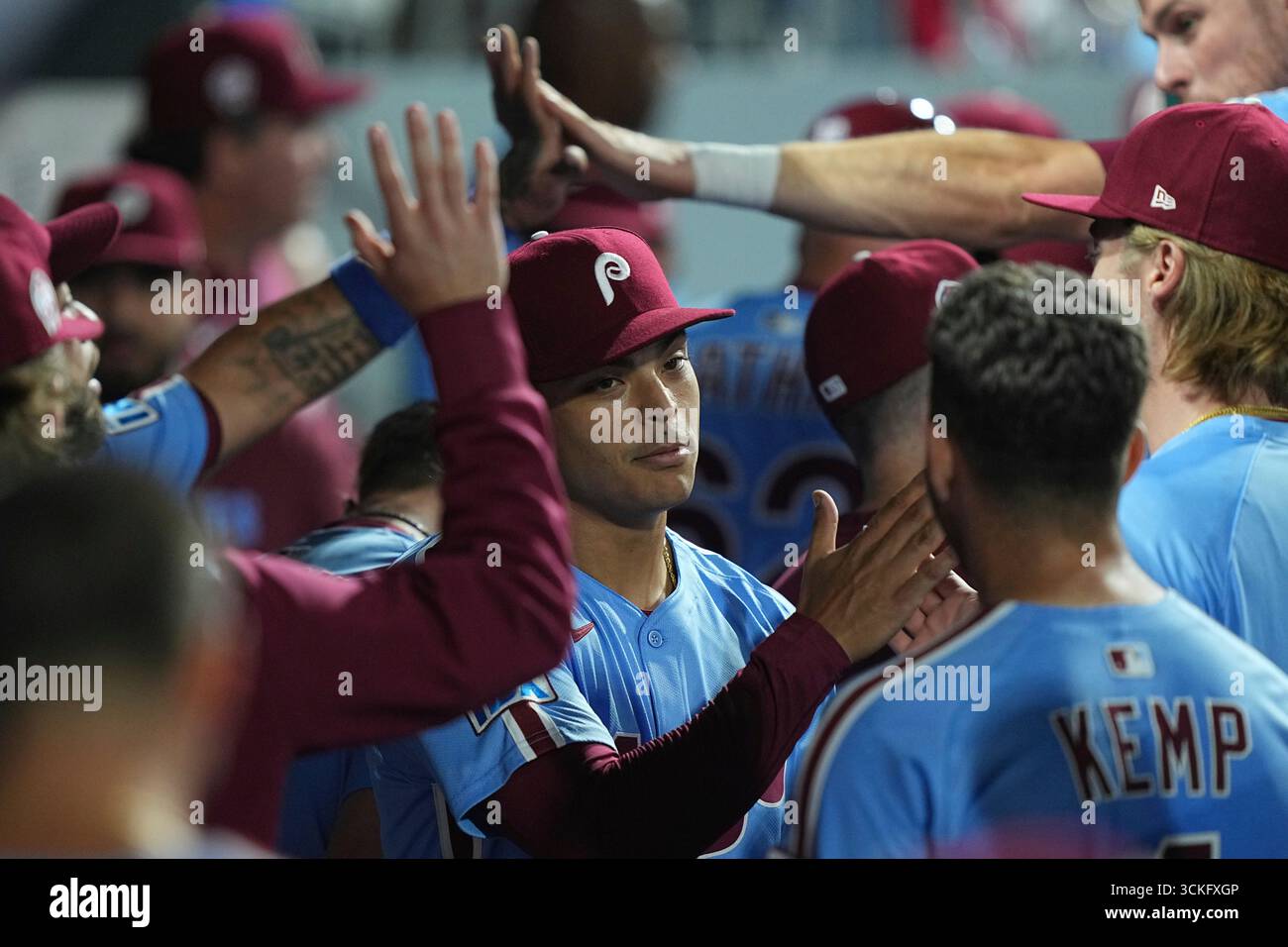Philadelphia Phillies pitcher Jesús Luzardo, center, celebrates after ...