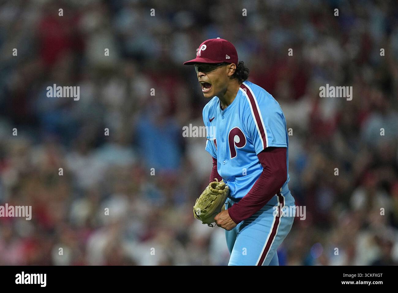 Philadelphia Phillies pitcher Jesús Luzardo reacts after completing the ...