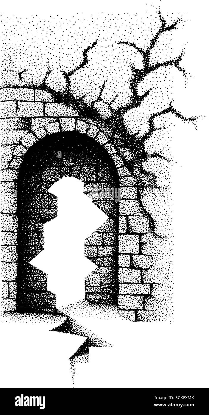 Ancient ruins with cracked wall and arch in stippled dotwork style ...