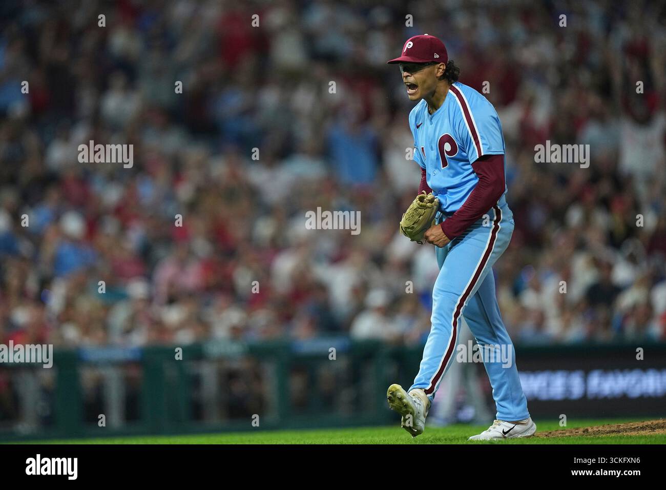 Philadelphia Phillies pitcher Jesús Luzardo reacts after completing the ...