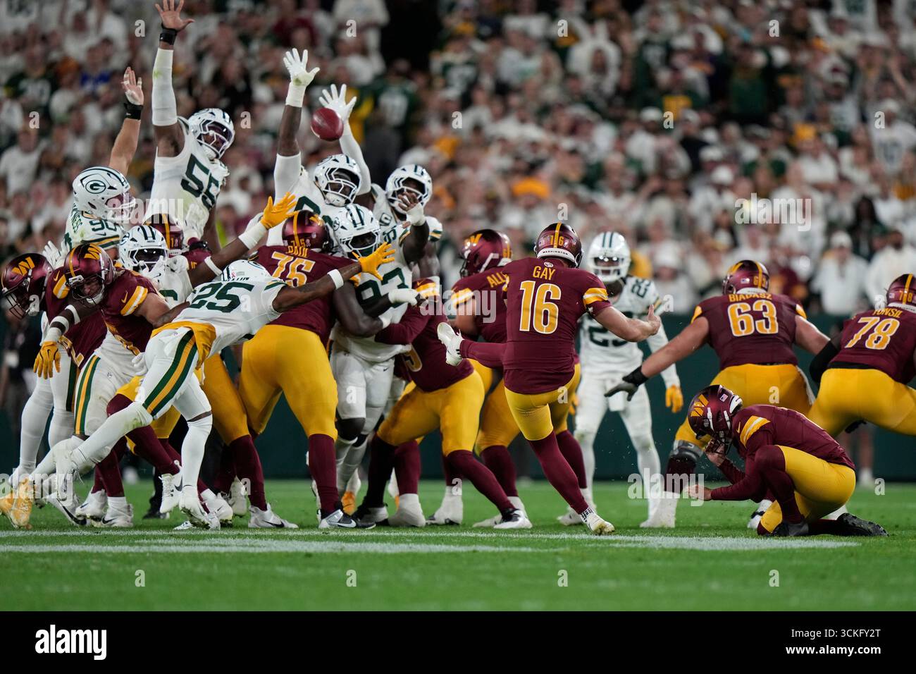 Washington Commanders kicker Matt Gay (16) misses a field goal attempt ...