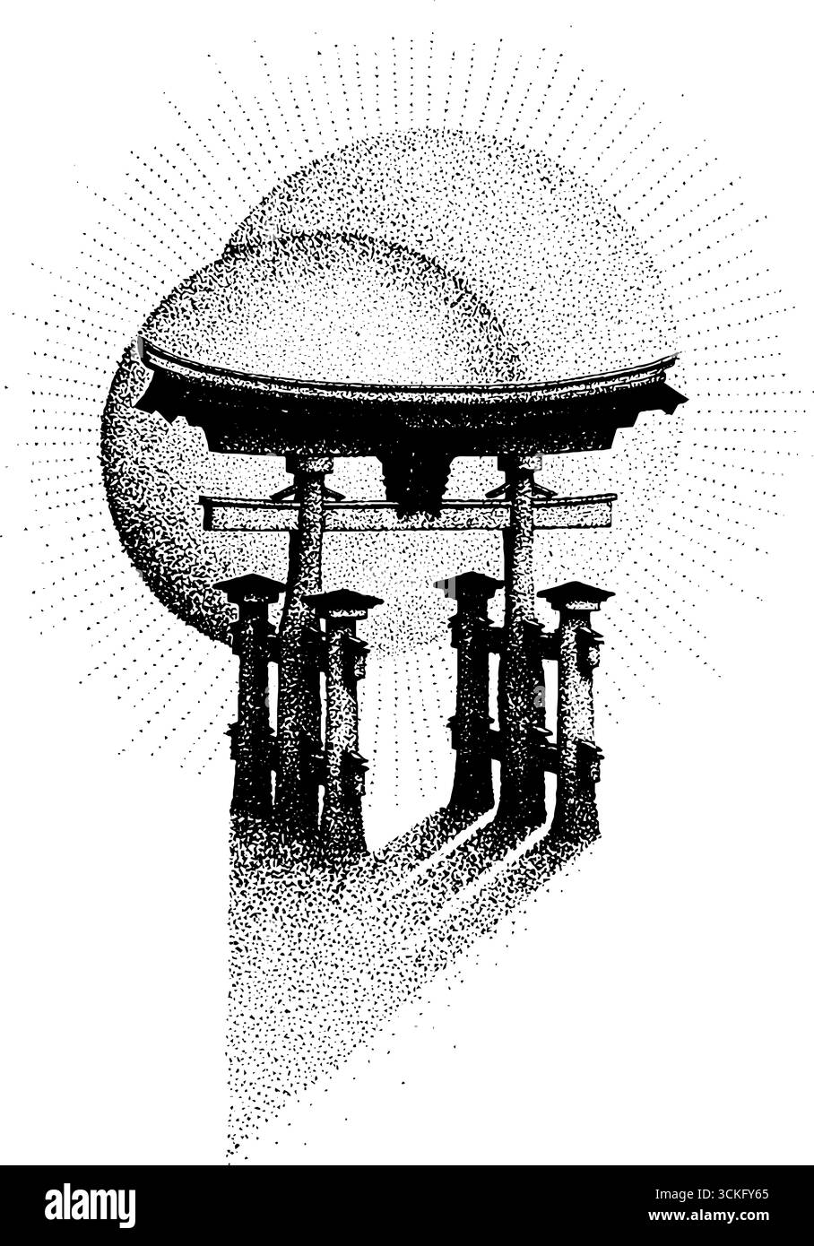 Shinto shrine in stippling dotwork art vertical composition for design ...