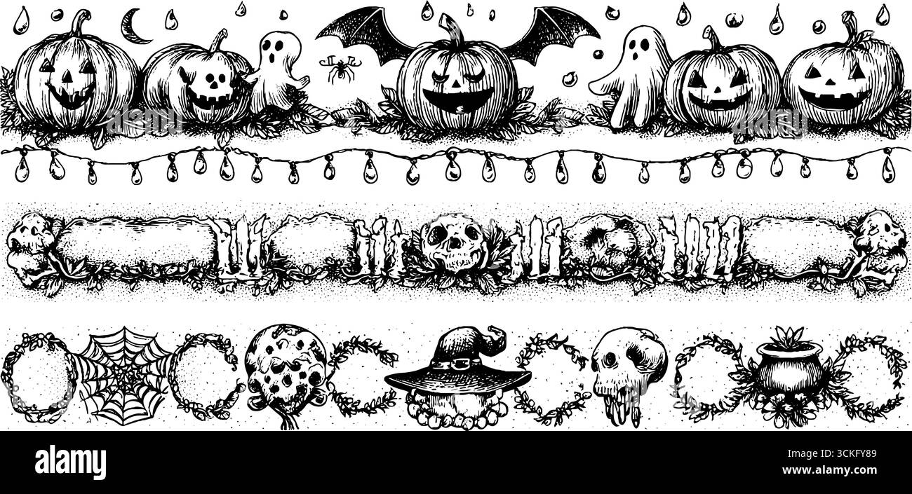 Hand drawn halloween pumpkin and skull borders for festive designs ...