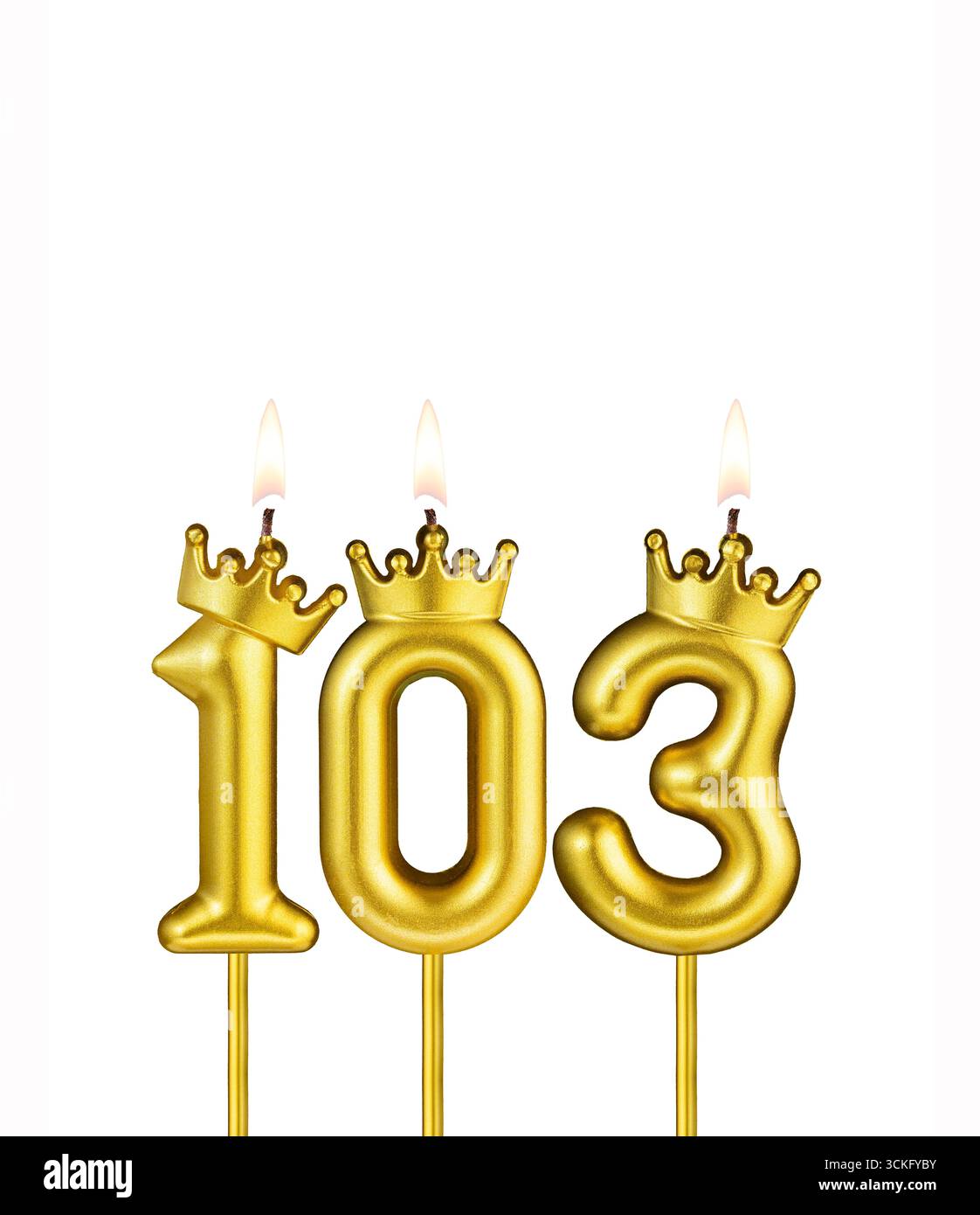 Golden number 103 birthday candle on white background Stock Photo - Alamy
