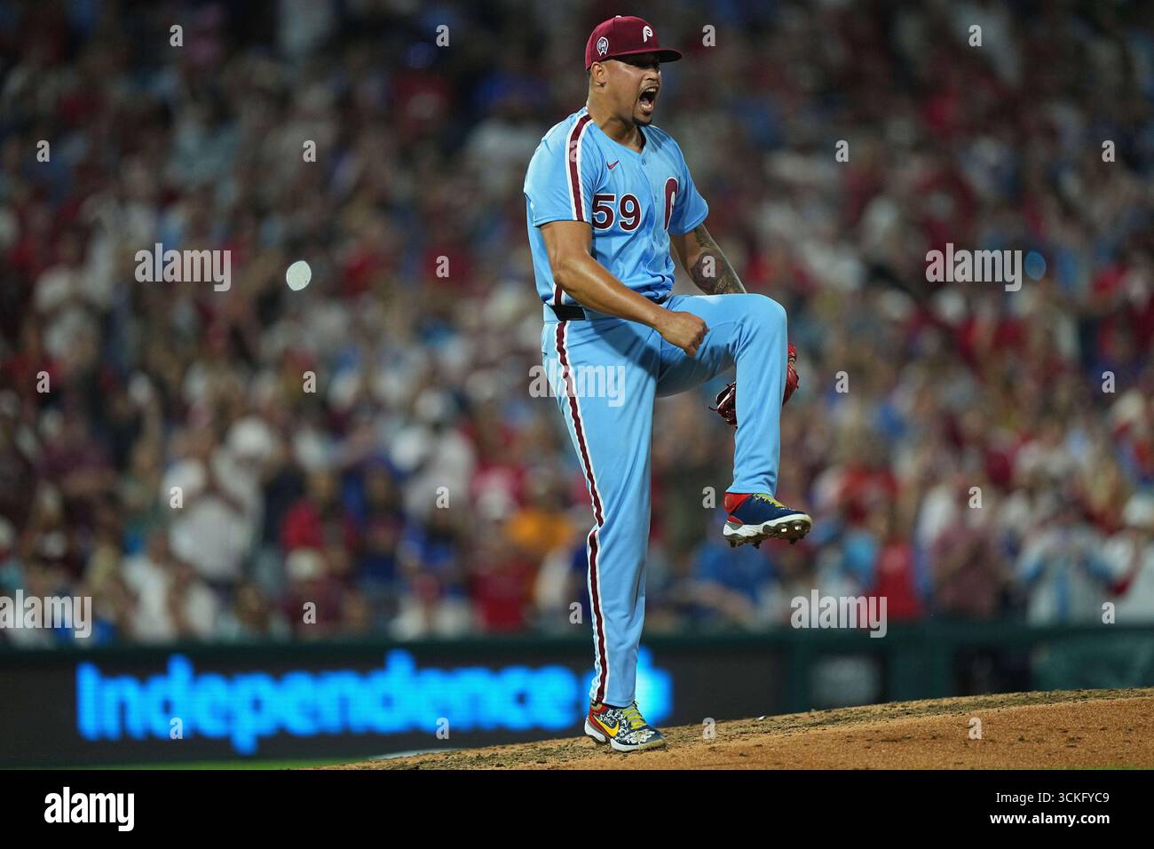 Philadelphia Phillies pitcher Jhoan Duran celebrates after winning a ...