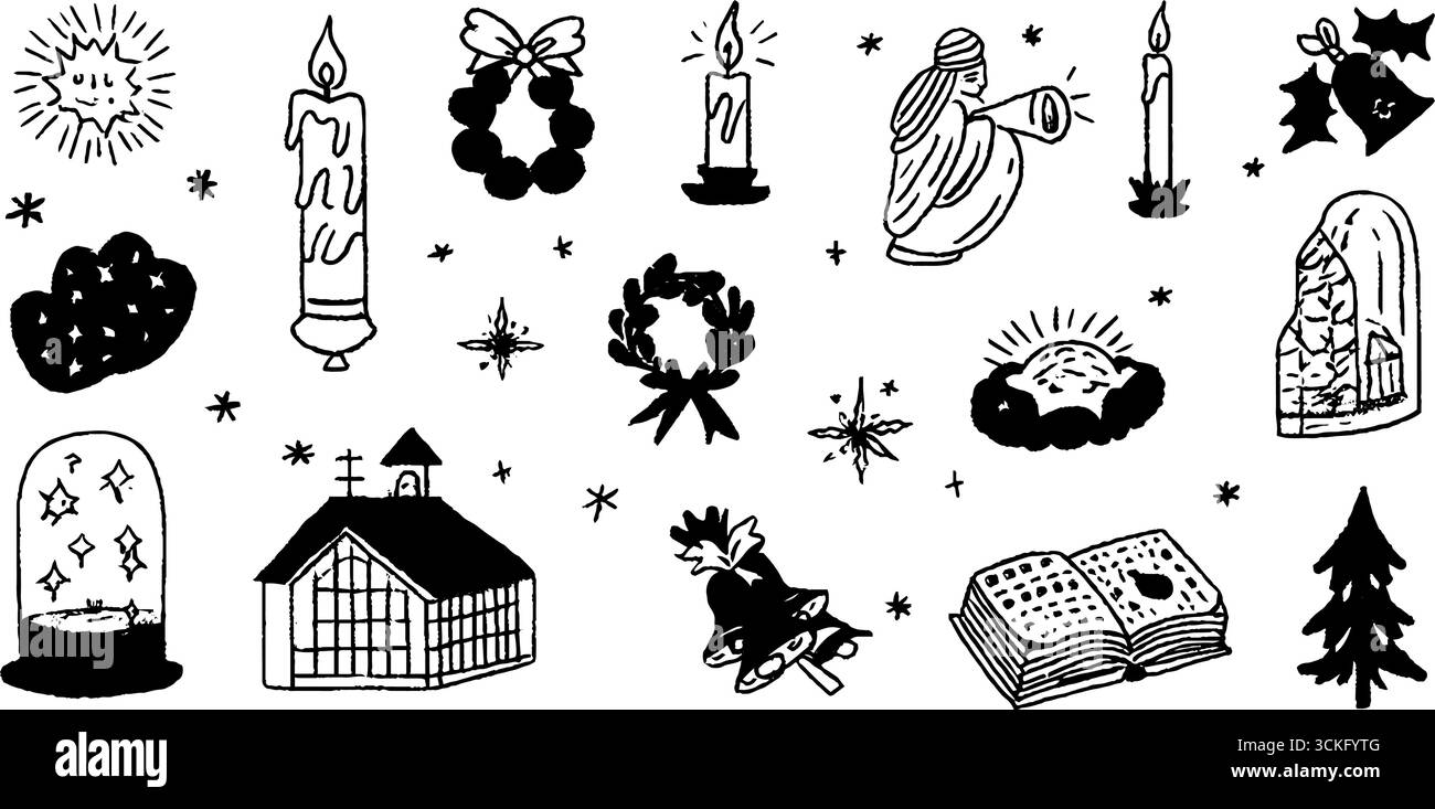 Set of hand drawn decorative nativity stars and holiday symbols for ...
