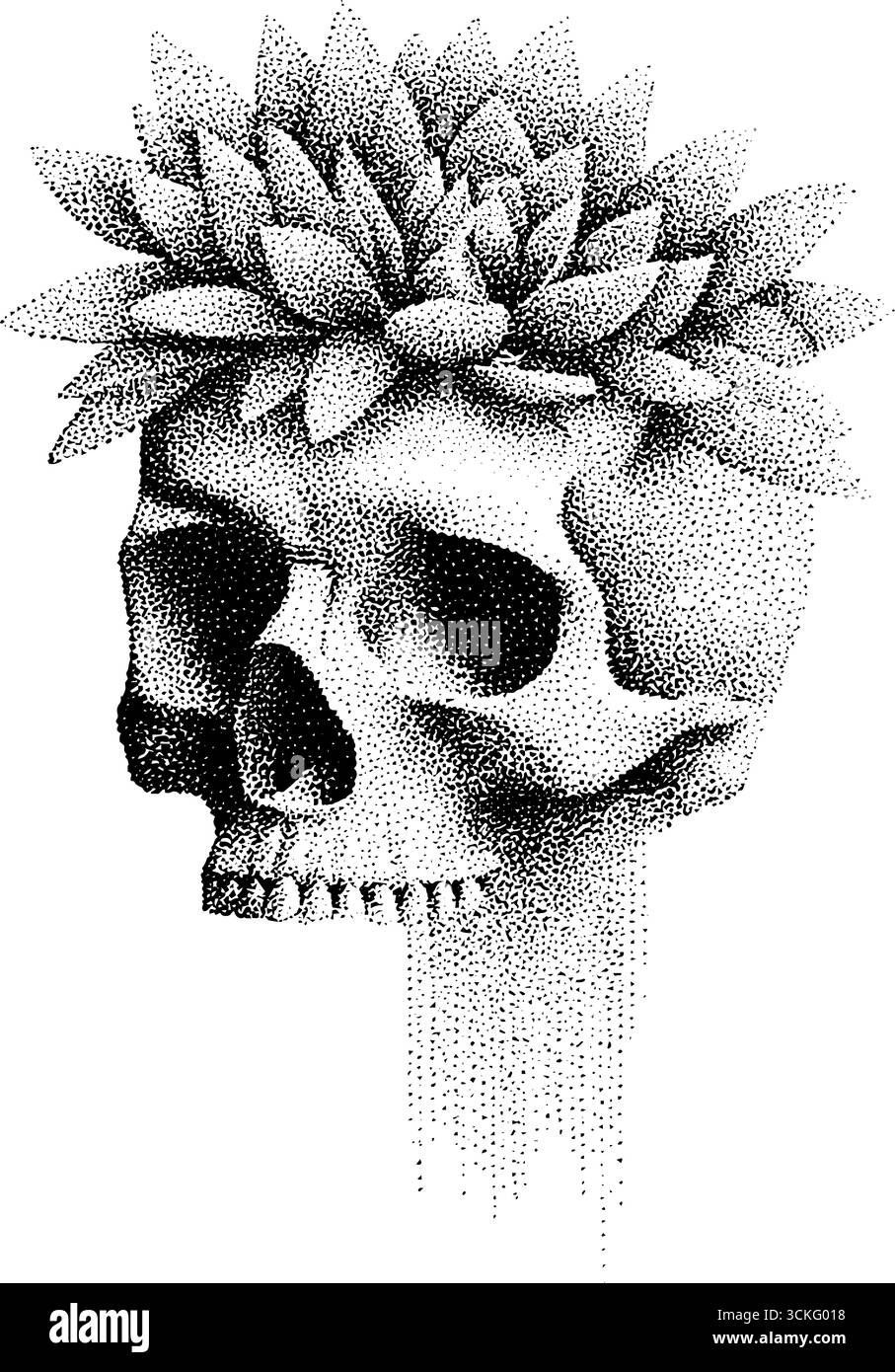 Stipple skull with flower crown in halftone style for tattoo design ...