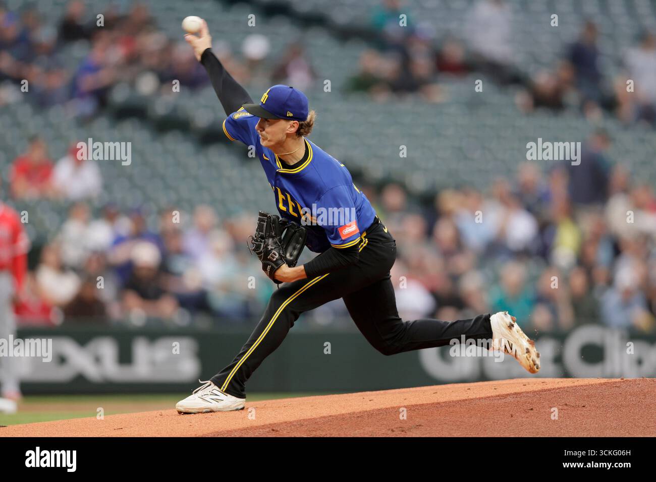Seattle Mariners starting pitcher Bryce Miller throws against the Los ...