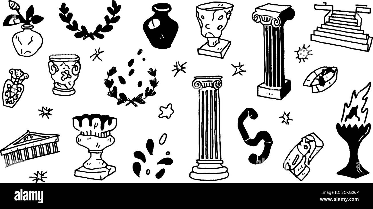 Collection of hand drawn decorative greek columns and artifacts for ...
