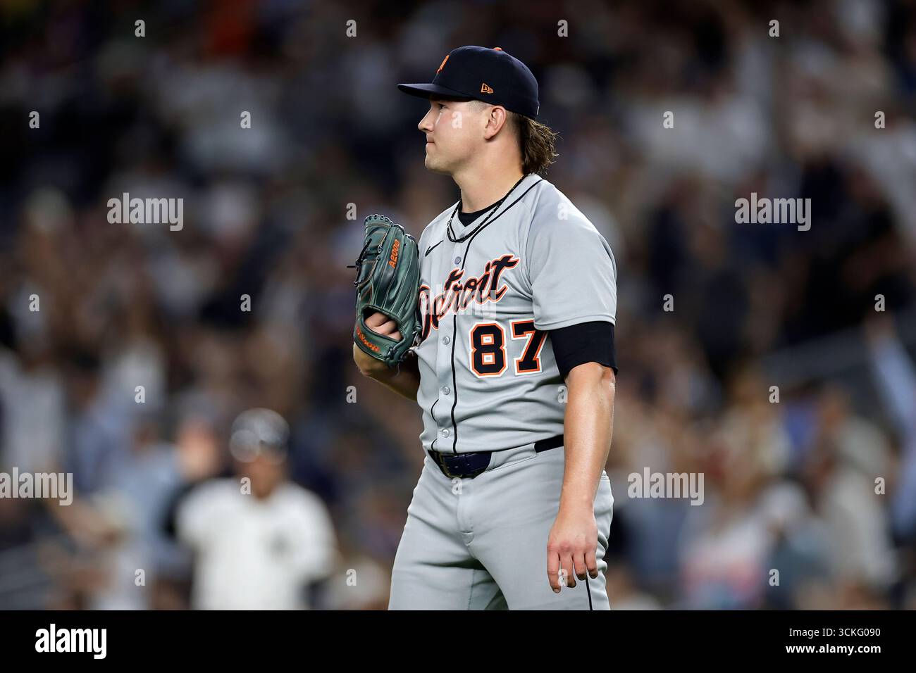 Detroit Tigers pitcher Tyler Holton (87) reacts after giving up a home ...