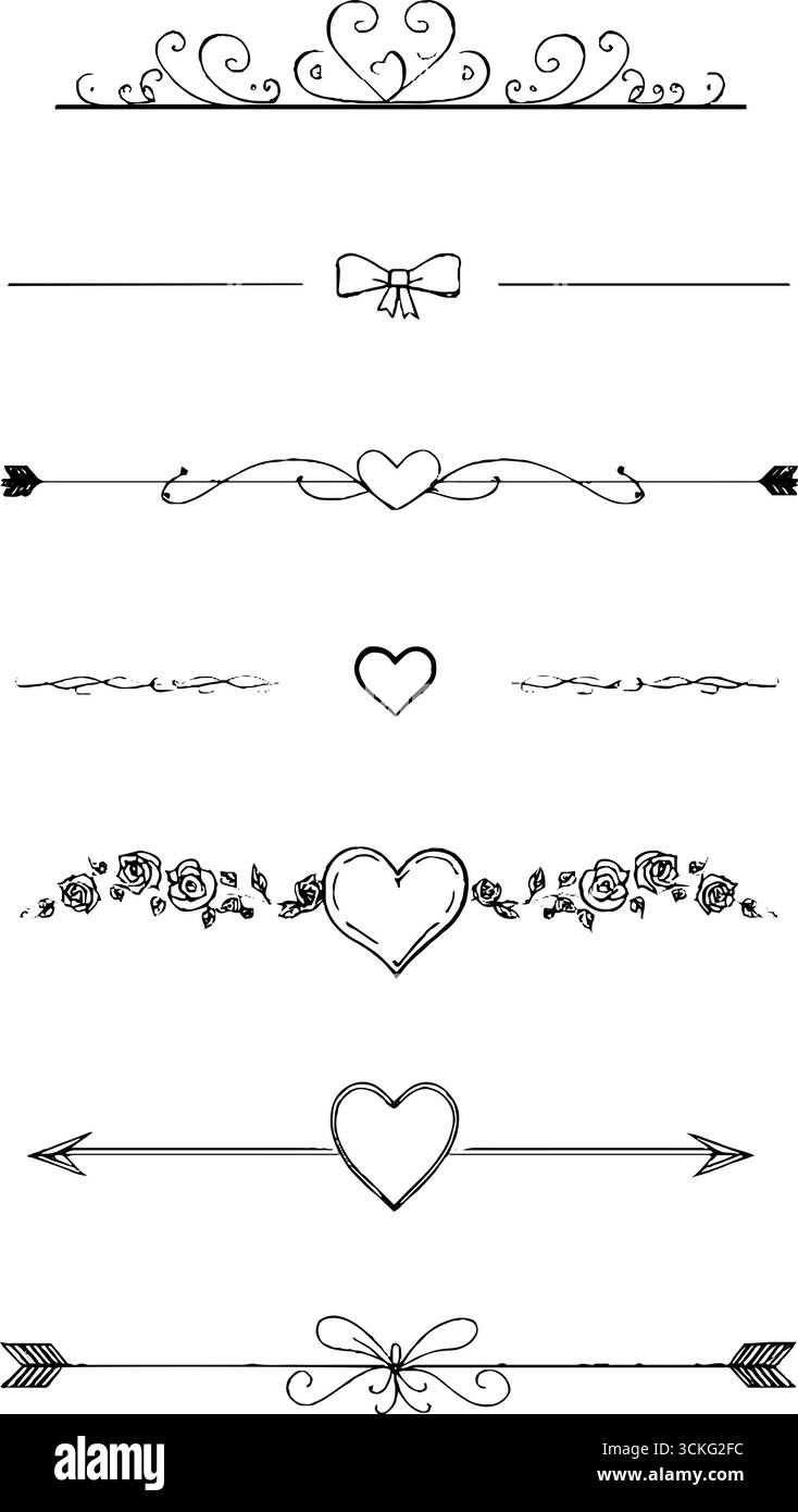 Hand drawn decorative valentine ribbons and borders set for romantic ...