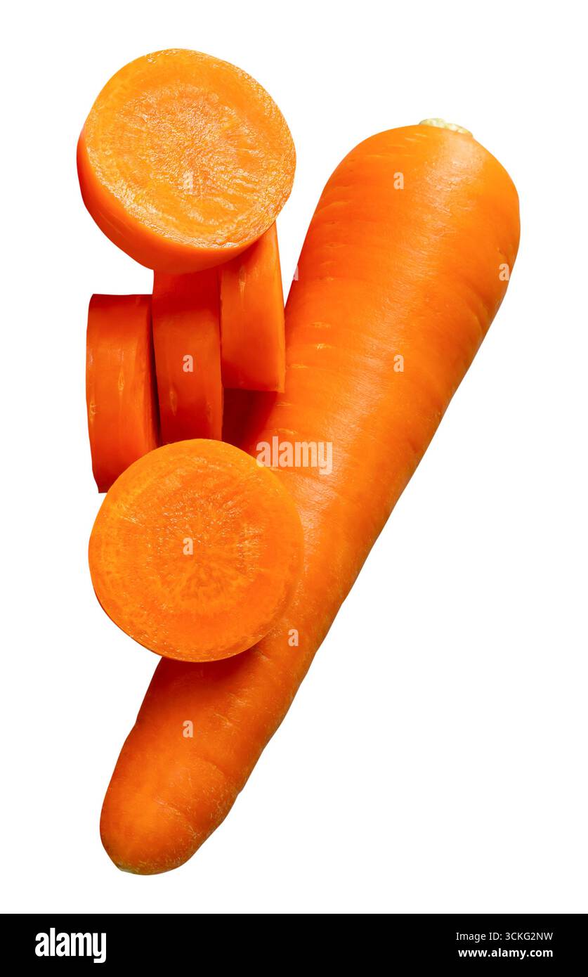 Orange carrot roots with slices in stack are isolated on white ...