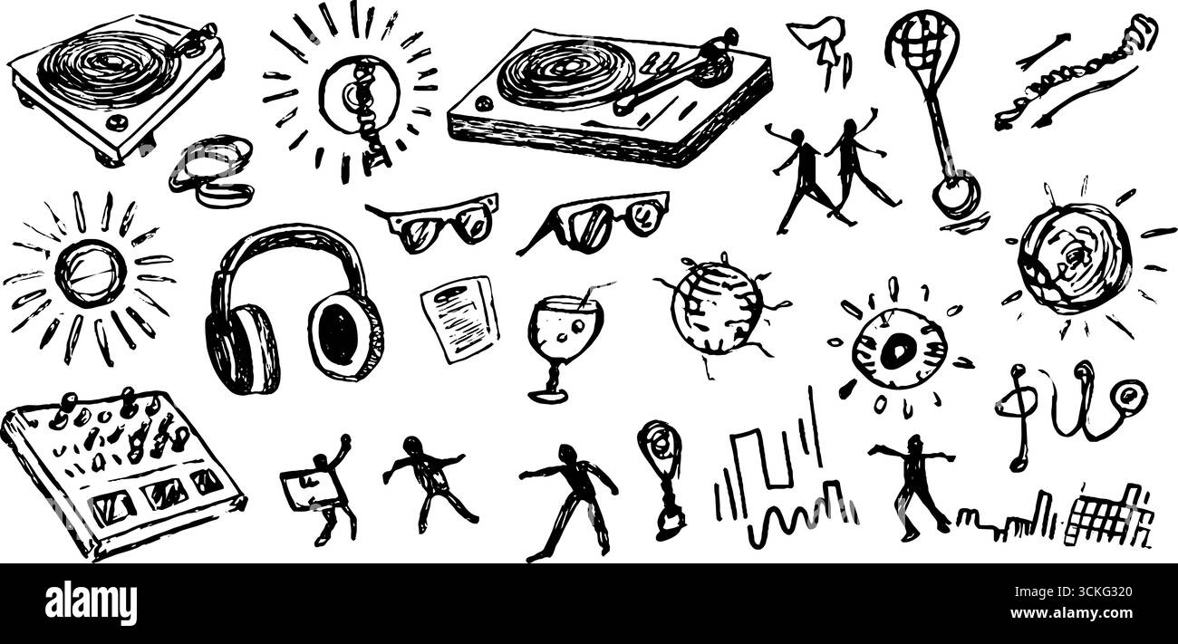 Hand drawn dj turntables and music elements collection for creative ...